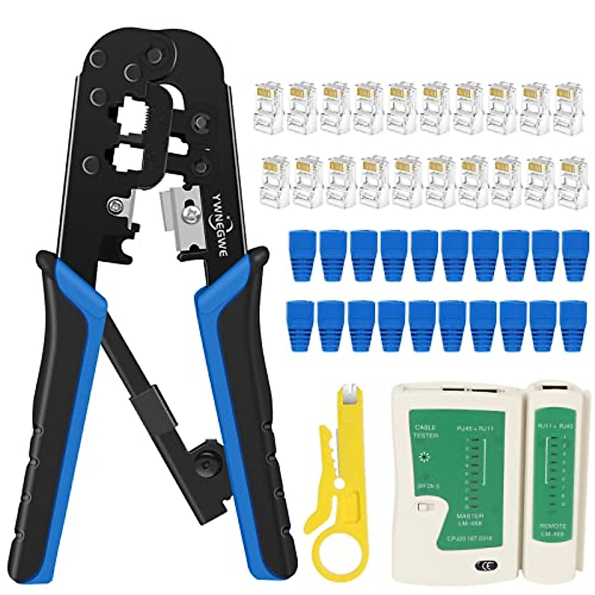 RJ45 Crimping Tool Kit Ethernet Crimp Set, RJ-11, 6P/RJ-12, 8P/RJ-45 Crimp, Cut and Strip with 20PCS CAT5 CAT5e Connectors, Covers,1 Network Cable Tester 1 Wire Stripper
