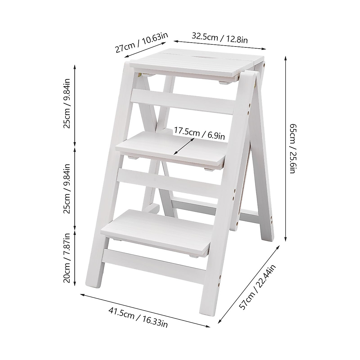 BANLICALI Chair Ladder, 3-Step Ladder Folding Step Stool Ladder Chair, White Pinewood Kitchen Step Stool Counter Chair for Kitchen, Bedroom, Living Room, Warehouse Load 100kg/ 220.46 lbs