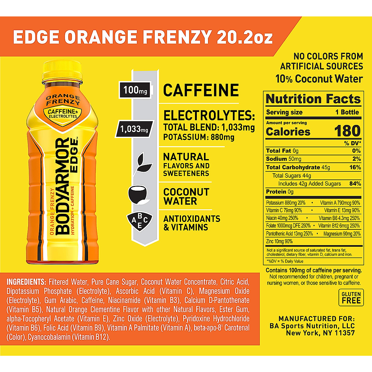 BODYARMOR EDGE Sports Drink with Caffeine, Orange Frenzy, Potassium-Packed Electrolytes, Caffeine Boost, Natural Flavors With Vitamins, Perfect for Athletes 20.2 Fl Oz (Pack of 12)