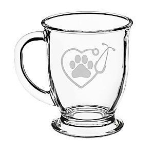 16oz Glass Coffee Mug Tea Glass Gift Heart Stethoscope Vet Tech Veterinarian