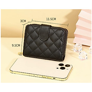 OANEXX Small Slim Lattice Wallet Leather RFID Blocking Coin Purse with Zipper Credit Card Holder and ID Card Window (Black)