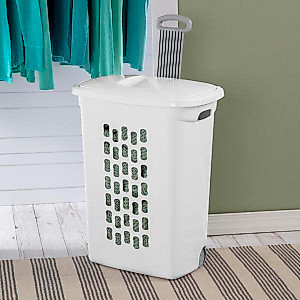 Wheeled Laundry Hamper White with Retractable Handle Large Portable Rolling Laundry Basket With Lid For Dirty Clothes - Made In USA