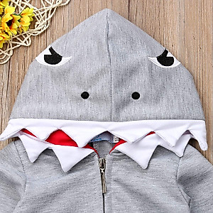 Bowanadacles Newborn Infant Baby boy Girl Cartoon Shark Long Sleeve Hooded Jumpsuit Bodysuit Romper Zipper Outfit