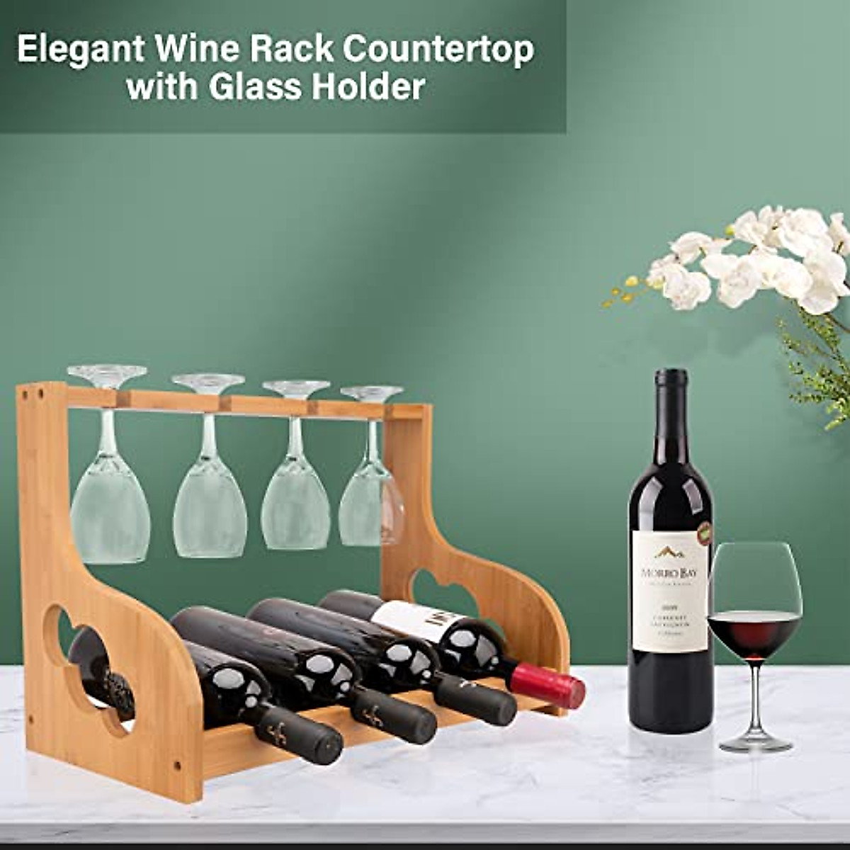 LEIMO KPARTS Wine Racks countertop with Glass Holder, Bamboo Tabletop Wine Rack, Counter top Bottle Wine Rack Shelf, Freestanding Wine Rack Hold 4 Bottles and 4 Glasses