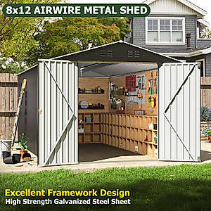 AirWire 8x12 FT Outdoor Storage Shed, Garden Shed with Updated Frame Structure and Lockable Doors, Metal Tool Sheds for Backyard Garden Patio Lawn, Grey