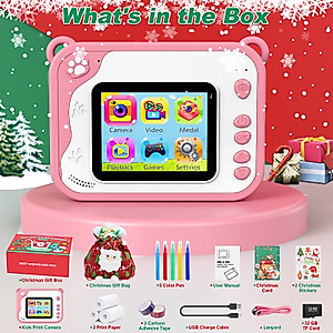USHINING Instant Print Camera for Kids 12MP Digital Print Camera for Kids Aged 3-12 1080P Instant Camera for Kids with 32GB SD Card,Color Pens,Print Papers (Pink)
