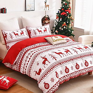 WONGS BEDDING Christmas Duvet Cover Set King Size,3 Pieces Reversible Red Elk Snowflake Pattern Decor Bedding Duvet Cover with Zipper Closure for New Year Holiday, Soft Microfiber Bedding Set 104"x90"