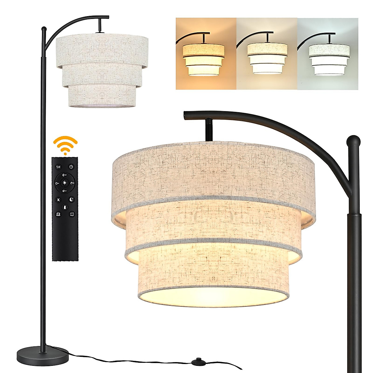 【Upgraded】Remote Control Arc Floor Lamp Stepless Dimmable 3 Color Temperature, Black Tall Pole Lamp, Modern Standing Lamps for Living Room, Bedrooms, Office, Unique 3-Layer Lampshade(Bulb Included)