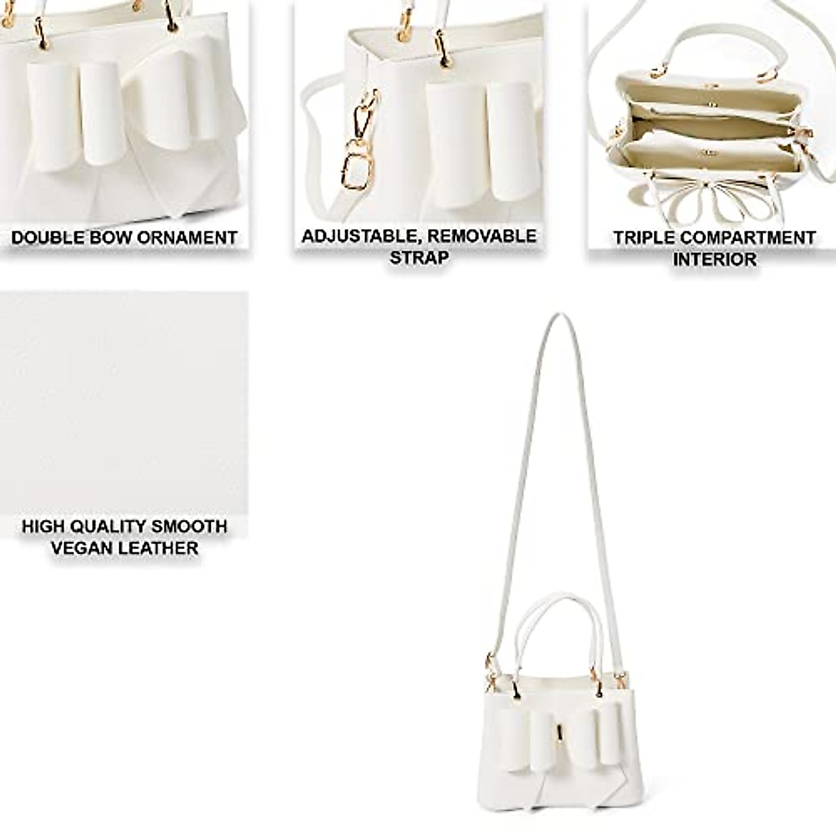 Like Dreams Women Jenna Elegant Bow Triple Compartment Vegan Leather Fashionable Satchel Handbag (White)