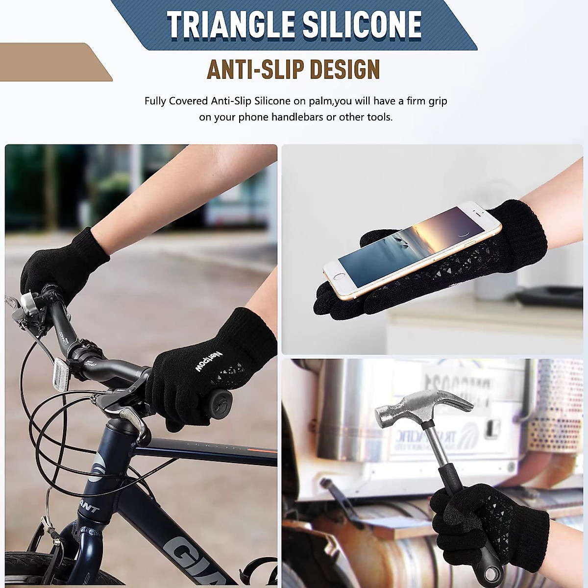 Winter 1-3 PCS Beanie Hat Gloves Scarf For Men And Women, Knit Thick Fleece Lined Warm Touchscreen Gloves Beanie Infitiny Scarf Set (Gloves&Beanie&Scarf Black Dark Gray)