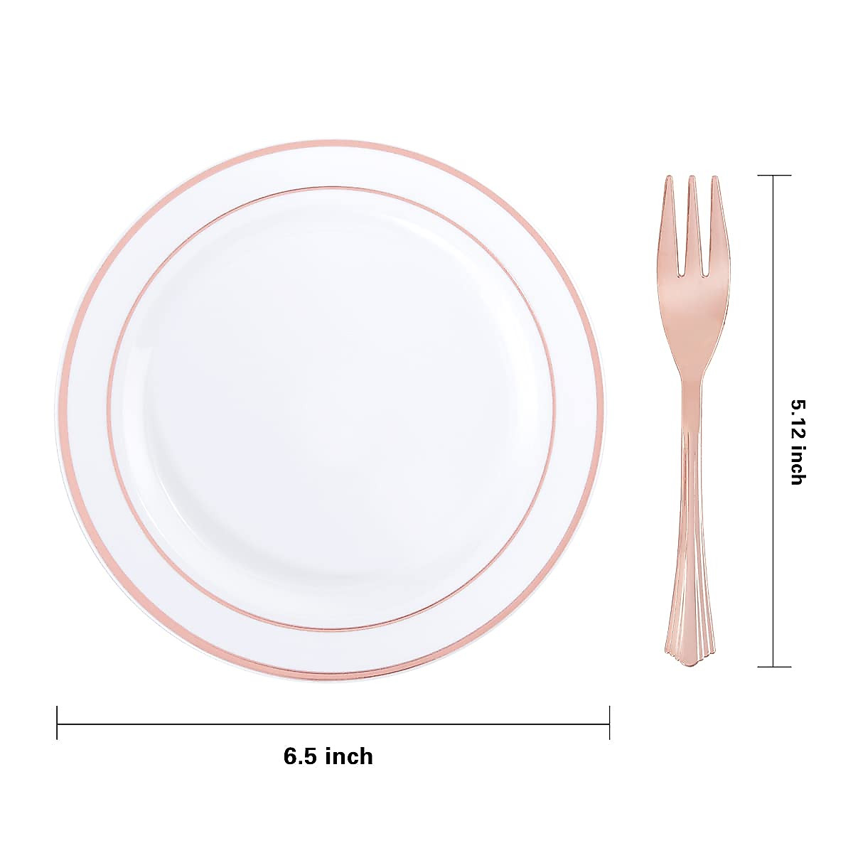 WELLIFE 240 Pieces Rose Gold Plastic Dessert Plates with Disposable Forks, Includes 120 Pcs Appetizers Plates 6.5 inch, 120 Pcs Rose Gold Forks, Perfect for Parties and Weddings