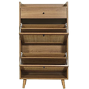 TehRecBT Rattan Shoe Cabinet,Freestanding Shoe Rack Storage Organizer with 2 Flip Drawers & 1 Storage Drawer, Modern Shoe Storage Cabinet with Wood Legs for Entryway (Wood Grain)