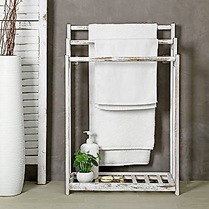 MyGift Shabby Whitewashed Wood Freestanding 3 Bar Towel Rack Holder with Bottom Storage Shelf, Laundry and Bathroom Towel Drying Rack
