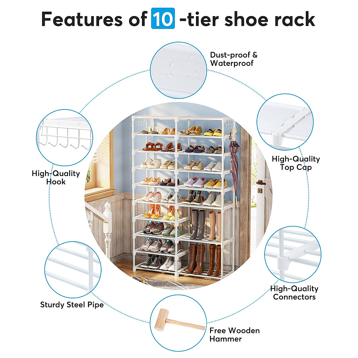 Tribesigns Shoe Rack, 10 Tiers Shoe Stand - Stores 36-44 Pairs, Closet Organizer with Boot Rack and 2 Hooks