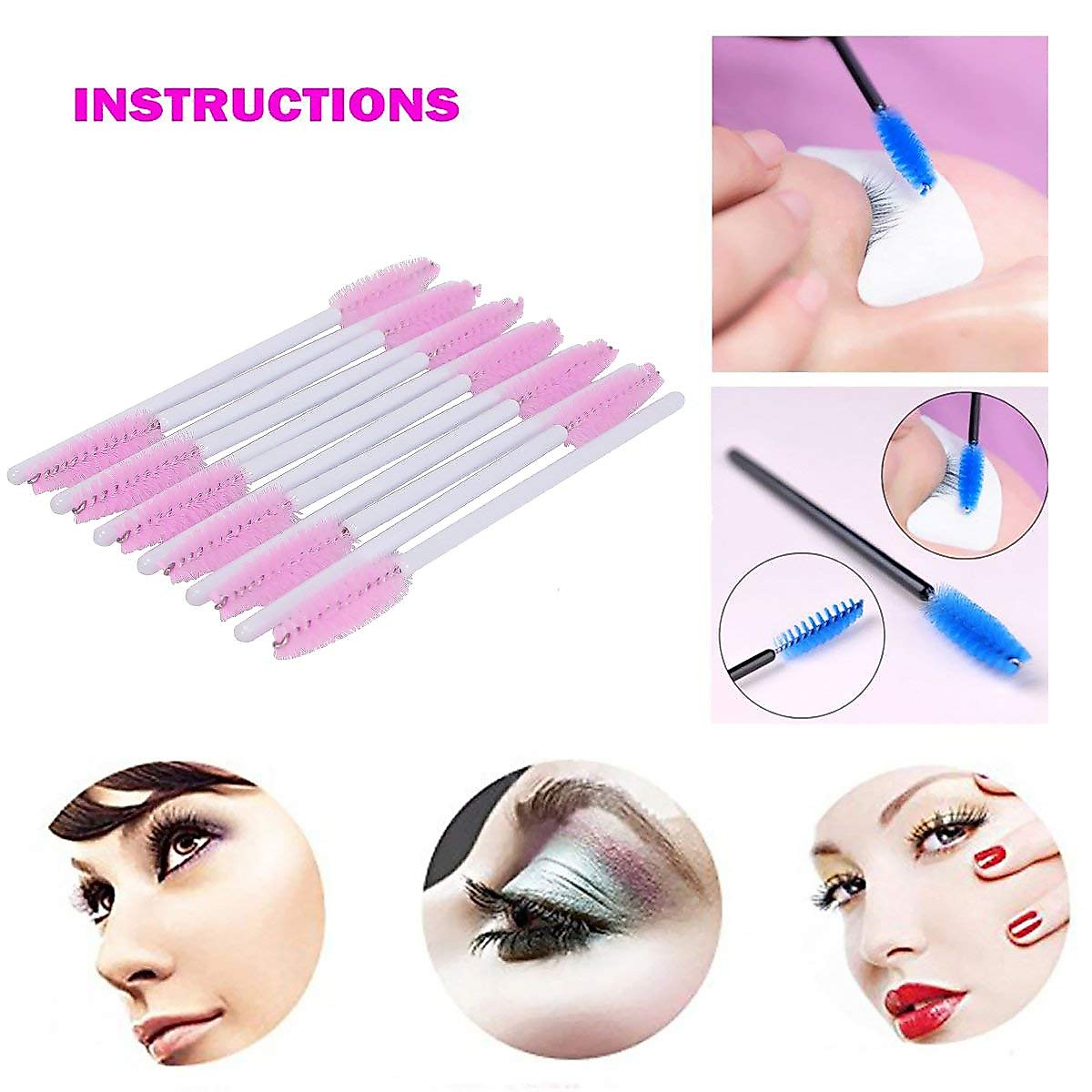 AKStore 200 PCS Disposable Eyelash Brushes Mascara Wands Eye Lash Eyebrow Applicator Cosmetic Makeup Brush Tool Kits (White-Pink)