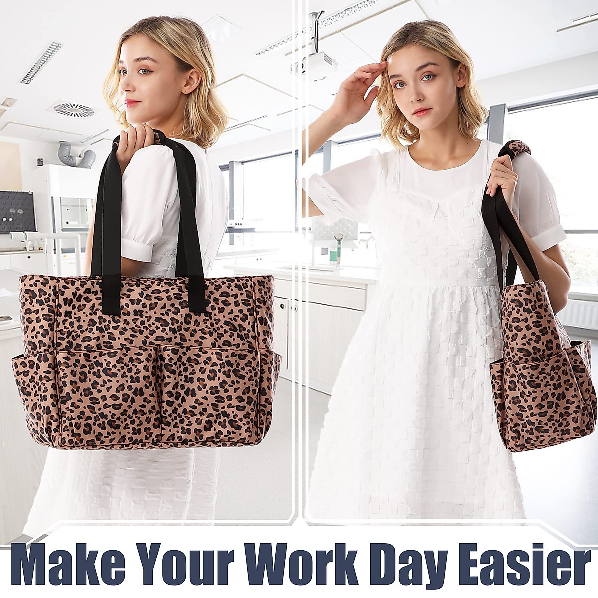 PAMLIAPY Teacher Tote Bag with 13 Pockets, Large Nurse bag for Work, Tote Bag for Women Fits 15.6" Laptop, Utility Tote with Zipper Closure, Sturdy Nursing bag, Waterproof Work Tote with Thick Bottom