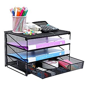 Veesun Paper Letter Tray Organizer, Mesh Desk File Organizer with 3 Tier Shelf Sorter with Drawer,Black