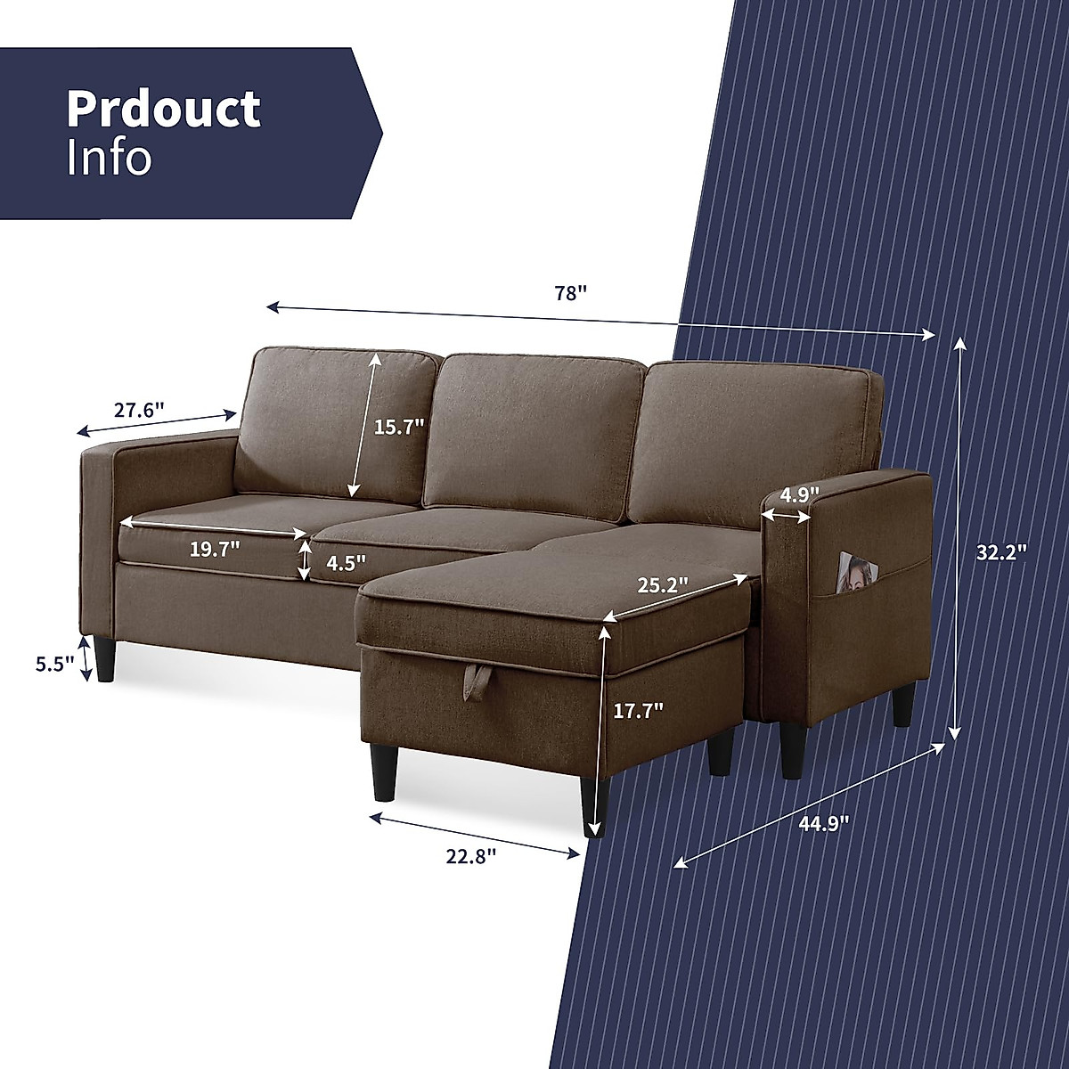 PUREMIND L Shape Convertible Sectional Sofa Couch,3 Seat L-Shaped Sofa with Linen Fabric, Movable Ottoman Small Couch for Small Apartments, Living Room and Office