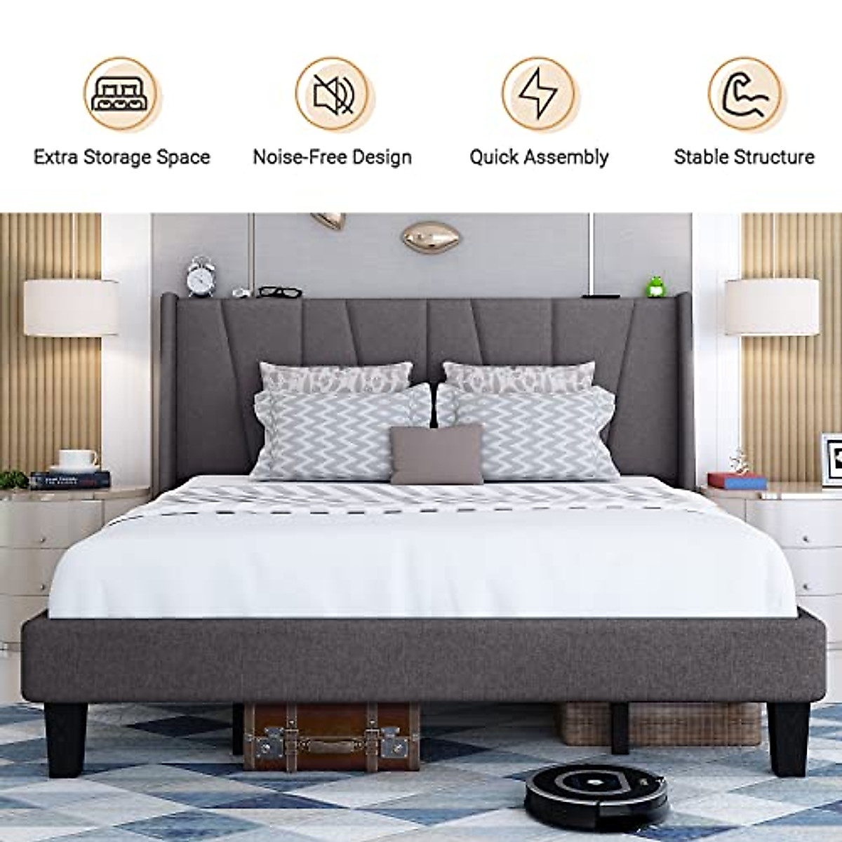 Benevika King Size Platform Bed Frame with Geometric Wingback Headboard, Wooden Slats Support, No Box Spring Needed, Easy Assembly, Gray