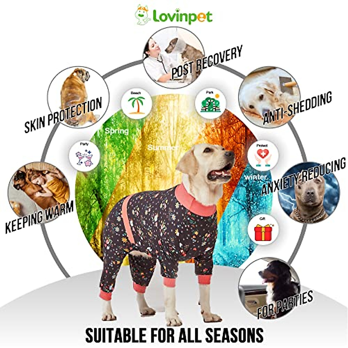 LovinPet Large/Big Dog Pajamas, Post Surgery Onesie for Large Breed Dogs, Reflective Stripe, Breatheable Stretch Jersey Knit, Nighttime Print Dog Jammies, Pet PJ's/Large