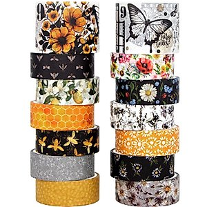 KOVANO Washi Tape Set 14 Rolls, Vintage Bee Floral Butterfly Botanical Washi Tape, Yellow Black Decorative Tapes for Scrapbooking Supplies, Junk Journal, Bullet Journaling, Art Crafts