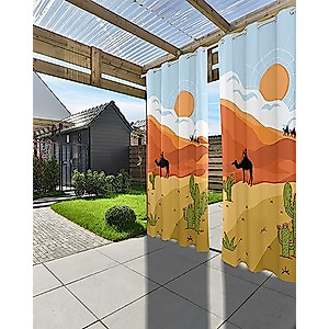 Waterproof Outdoor Curtains for Patio, Cartoon Cactus and Camel under the Clouds Blue Weatherproof Privacy Outdoor Drapes, Grommet Top Outside Curtains for Gazebo Porch Pergola Cabana, 52x108 Inch