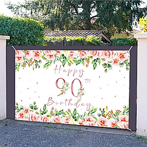 Crenics 90th Birthday Decorations for Women, Rose Gold Floral Happy 90th Birthday Banner Backdrop for Female 90 Birthday Party Supplies, 5.9 x 3.6 Ft