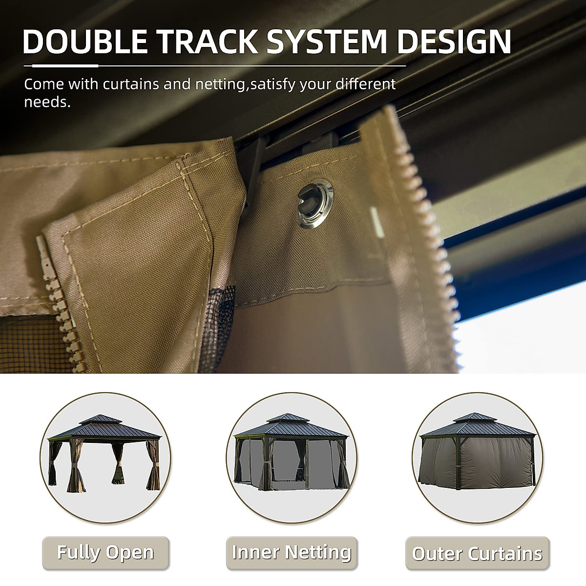 Domi 12x12FT Hardtop Gazebo with Netting & Curtains, Outdoor Aluminum Frame Gazebo with Galvanized Steel Double Roof, Outdoor Permanent Metal Pavilion for Patio Deck Lawn and Garden, Brown