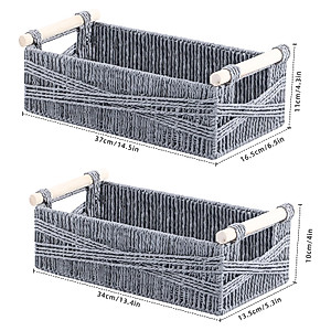 OUTBROS 2-Pack Woven Storage Baskets,Paper Rope Basket with Wood Handles, Decorative Boho Desk Wicker Storage Bins for Shelves, Organizer Container, Grey