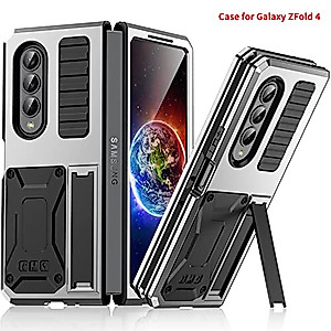 Shockproof Armor Case for Samsung Galaxy Z Fold 4 Case,Metal Aluminum Kickstand Hybrid PC Dustproof Anti-Fingerprint Folding Protective Cover Compatible with Samsung Galaxy Z Fold 4(Sliver)