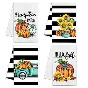 Hexagram Fall Kitchen Towels Set of 4-16x23.5 Inch Thanksgiving Decorative Hand Towels for Kitchen with Pumpkins