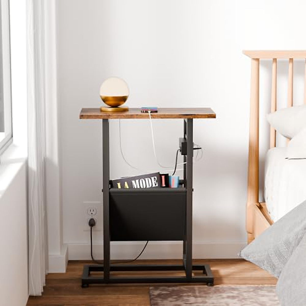 LAKEMID Narrow Side Table Set of 2 with Charging Station, Skinny Side Tables with Storage, Slim End Tables for Small Spaces with USB Ports for Living Room, Bedroom, Rustic Brown