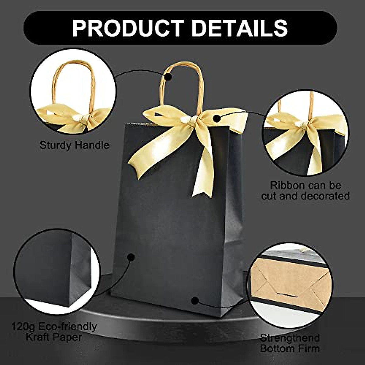 BEISHIDA Small Gift Bags Black Gold Gift Bags with Handles and Ribbon Party Favor Bags Goodie Bags Kraft Paper Bags for Mother's Day Birthday Wedding(8.3 * 5.9 * 3.2 in, 12PCS) …