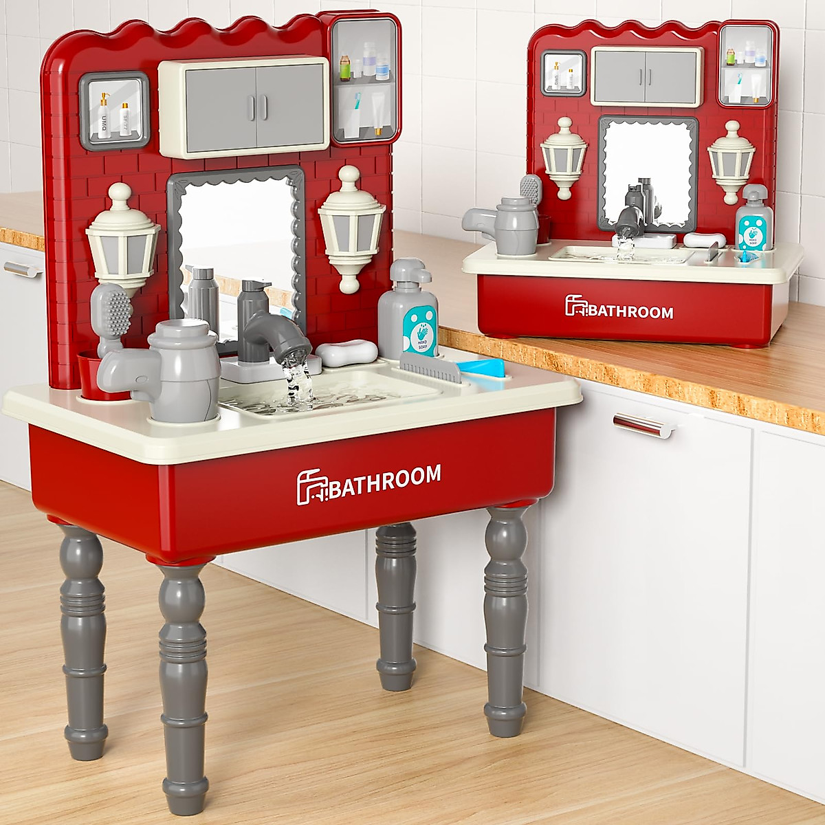 Lucky Doug Pretend Play Sink Toys for Kids, Bathroom Sink Toy with Running Water, Vanity Set with Mirror and Stool for Girls Ages 3 4 5 6 7 Year olds