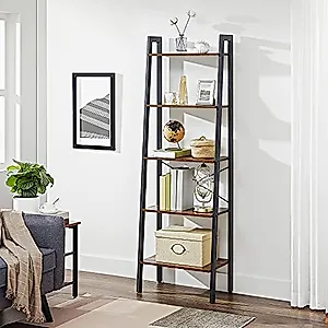 VASAGLE Industrial Bookcase, 5-Tier Corner Shelf, Rustic Brown & Ladder Shelf, 22.1" L x 13.3" W x 67.7" H, Rustic Brown