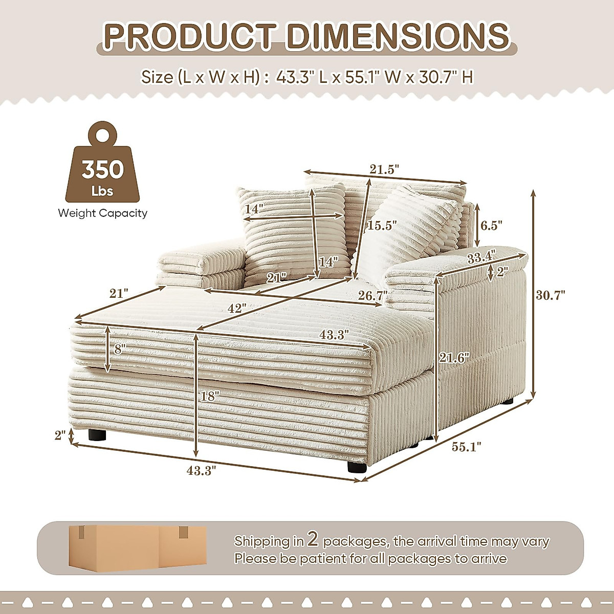 Chaise Lounge Chair Indoor, 43.3 Inch Comfy Corduroy Sectional Cloud Couch, Upholstered Single Sofa w/Movable Ottoman for Living Room, Bedroom, Apartment, Beige