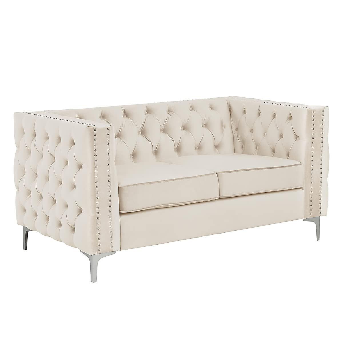 Morden Fort Loveseat Sofa, 61“Beige Mid-Century Couch with Button Tufted and Nailhead Trim and Iron Legs for Living Room, Apartroom, Bedroom, Office
