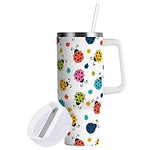 ARGTILDN 30 oz Tumbler Colorful Ladybugs Flowers Insulated Travel Mug with Handle and Straw Lid Stainless Steel Vacuum Coffee Cup Tea Beverage Container Water Bottles for Car Sports office