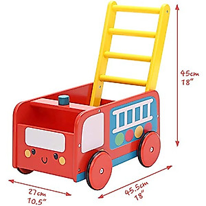 labebe -Wooden Walker 4 Wheels, Kids Push Wagon Cart Red, Push Toy Walker for Girl/Boy 1-3 Years Old, Toy Shopping Cart, Wooden Wagon Toy, Baby Activity/Learning Walker Infant- Red Fire Truck