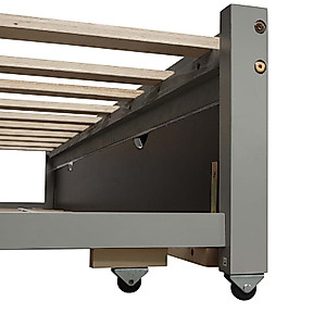 Wood Daybed with Trundle, Twin to King Design Sofa Bed, Modern Multi-Function Extendable Trundle Daybed Frame for Bedroom, Living Room (Gray)