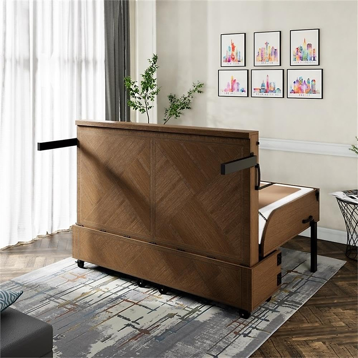 RoomAndLoft Queen Size Mobile Murphy Cabinet Bed in Solid Wood, in Brown, No Box Spring Needed, Pre-Assembled