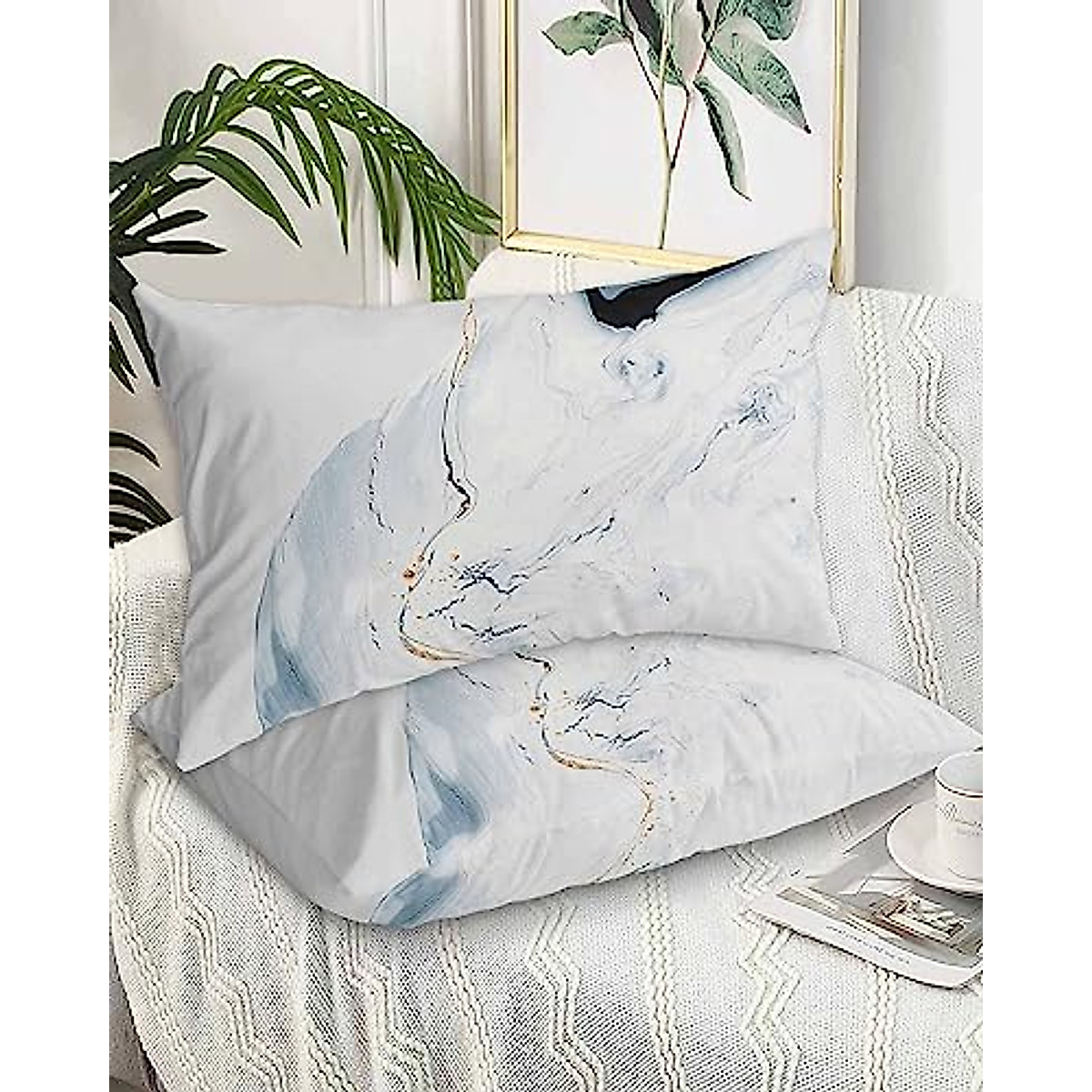 Navy Blue Marble Pillow Covers Standard Size Set of 2 Bed Pillow, Modern Yellow Lines Abstract Art Aesthetics Plush Soft Comfort for Hair/ Skin Cooling Pillowcases with Envelop Closure 20''x26''