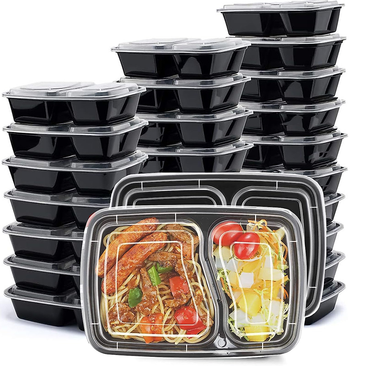 Meal Prep Container with Lids, 50 Pack Divided Food Storage Containers Microwave Safe 2 Compartment Disposable Bento Box Reusable To-go Container Plastic Bento Lunch Box (33 oz)