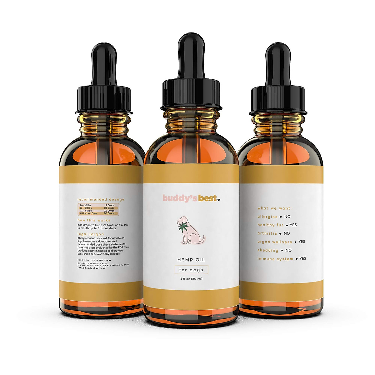 Buddy's Best Hemp Oil Treats for Pets - 100% Cold Pressed Hemp Seed Oil - Omega 3 & 6 for Hip & Joint Health, 2 x 1oz