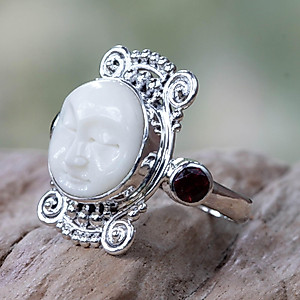 NOVICA Artisan Handmade Garnet Cocktail Ring Carved Bone Silver Sterling Red Indonesia Sun Moon Birthstone [crownbezel 0.9 in L x 0.9 in W x 0.3 in H Band Width 3 mm W] ' Moon Dream'