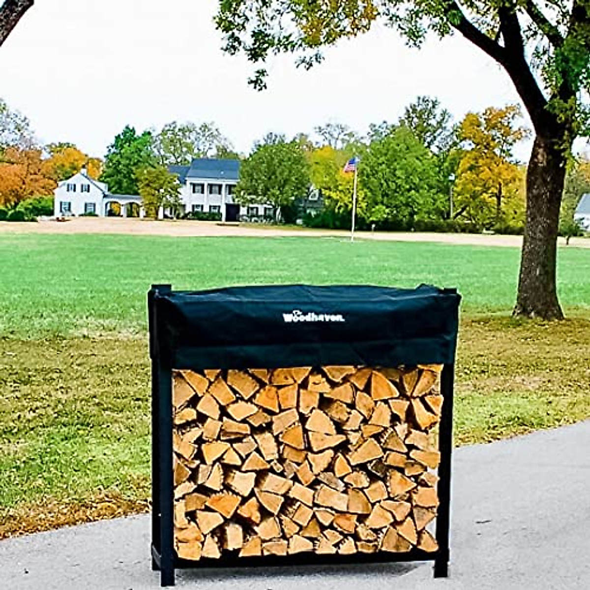 Woodhaven Black 4 Foot - Heavy Duty Made In USA - Indoor Outdoor - 1/4 Cord Firewood Storage Log Rack With Seasoning Cover Combo Set - Metal Log Storage - 48” x 48”