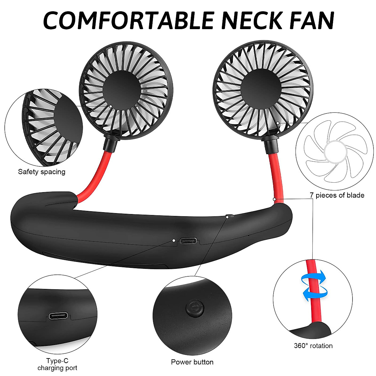 Haomaomao Neck Fan, Portable Fan With 2500 mAh Rechargeable Battery USB Mini Personal Wearable Neckband Sport Fan for Working, Traveling, Office, Reading, Outdoors