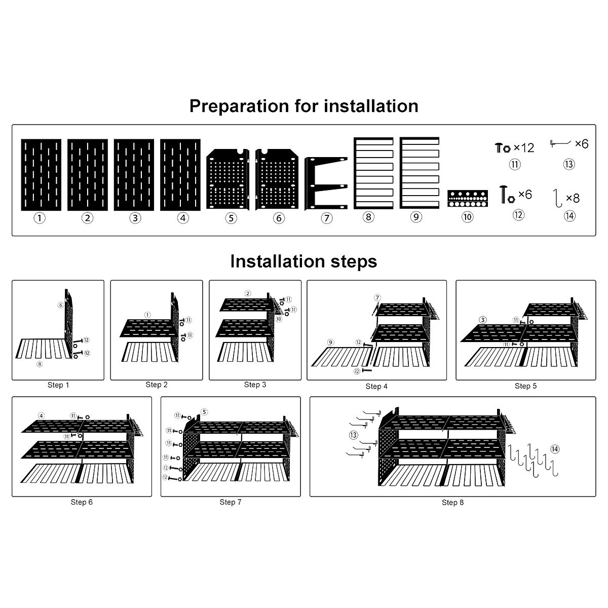 Jofuas Power Tool Organizer Wall-Mounted Metal Tool Rack for 8 Drill Bits with 2 Side Pegboards, Garage Organizing Storage Shelf with Screwdriver Holder/Plier Holder/Hammer Holder.