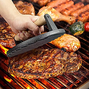 Cast Iron Grill Press, Safe-Touch Comfort-Grip Wood Handle,8 inch,Heavy-Duty Round Bacon Steak and Burger Press for Griddle, Outdoor Grill, Panini, Tortilla