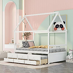 YuiHome Full House Bed with Trundle and 3 Storage Drawers, Full Captain's Beds Wooden Storage Daybed Frame for Kids Teens Boys Girls,No Box Spring Needed,White